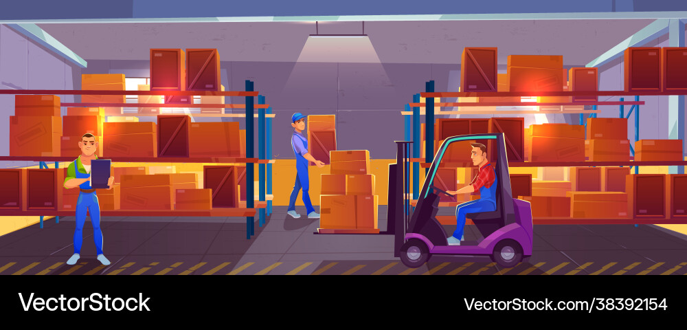Logistics warehouse interior with workers inside Vector Image