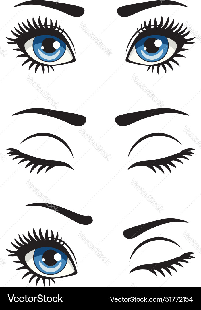 Open closed and wink blue cartoon eyes Royalty Free Vector