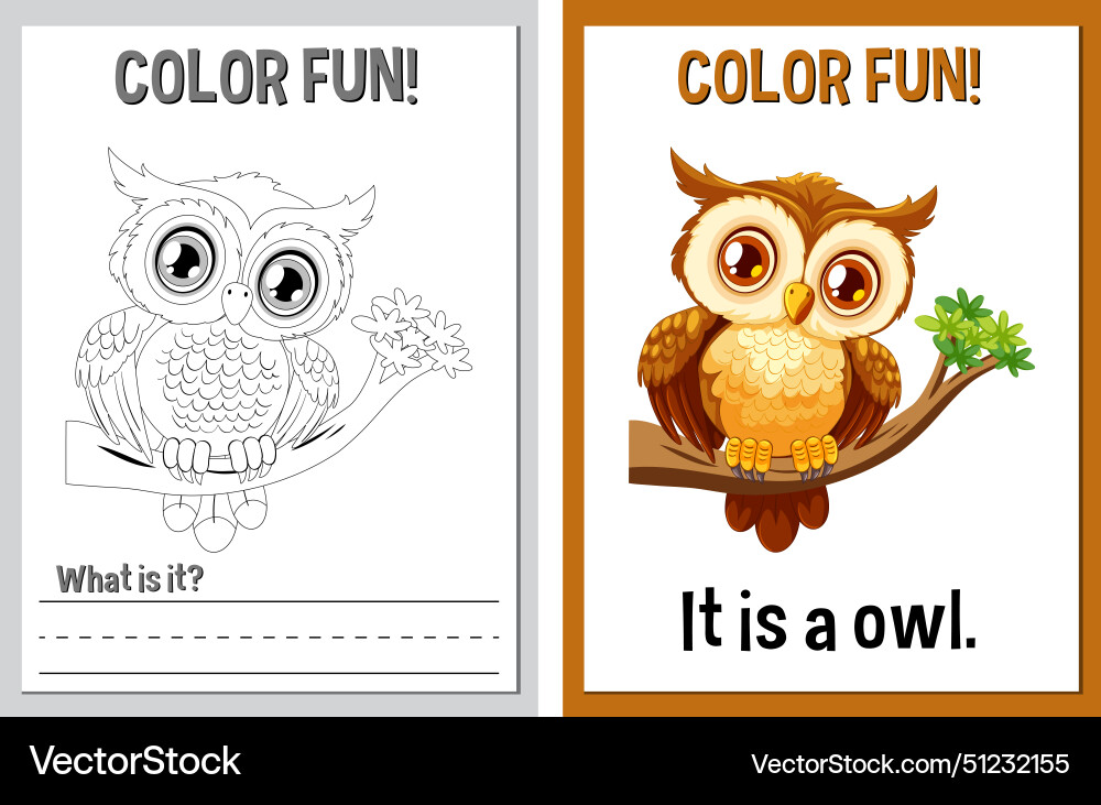 Coloring book page and colored owl Royalty Free Vector Image