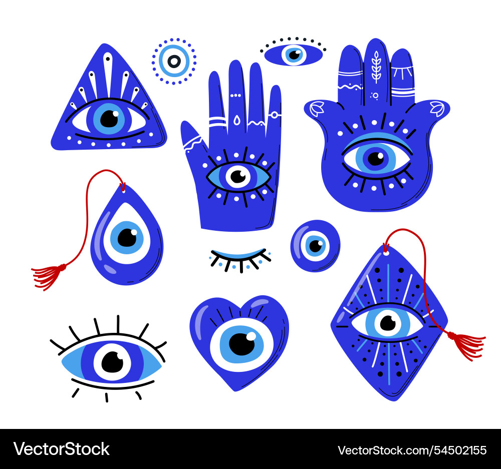 Turkish evil eyes set hands triangles and hearts Vector Image
