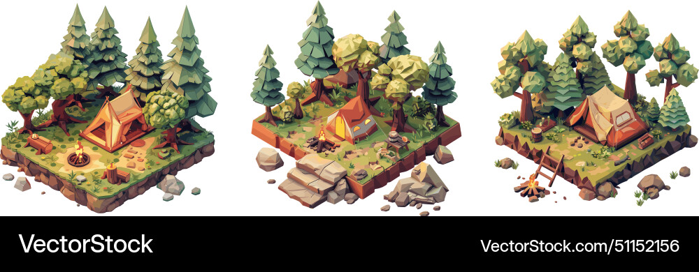 Forest camp isometric set tent camping Royalty Free Vector