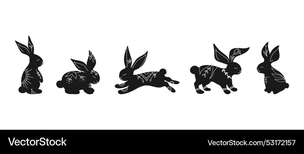 Set of rabbit silhouettes in different poses hand Vector Image