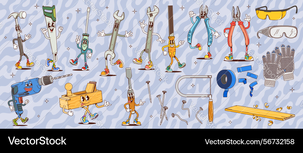 Groovy building and repair diy tool characters Vector Image