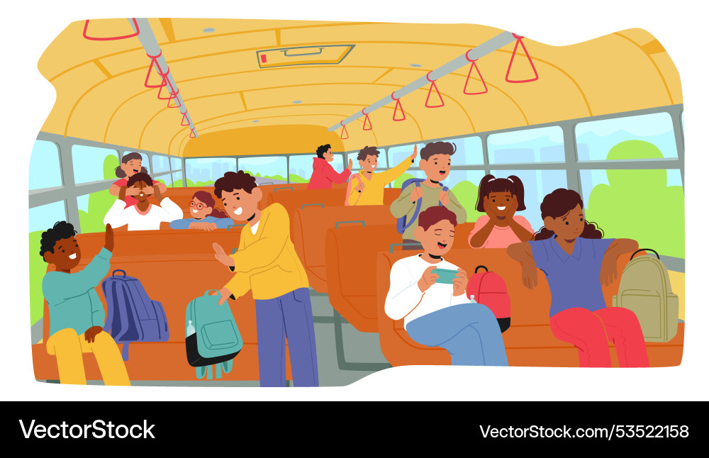 Happy children inside a school bus engaging in fun