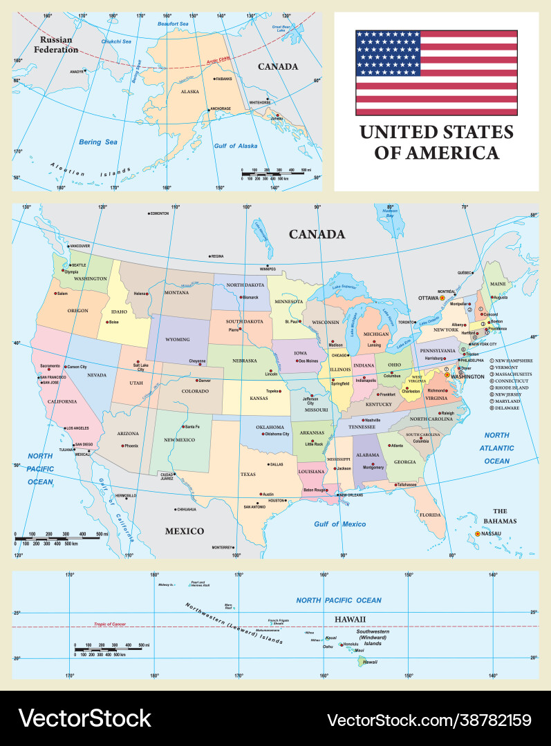Colored administrative map usa Royalty Free Vector Image