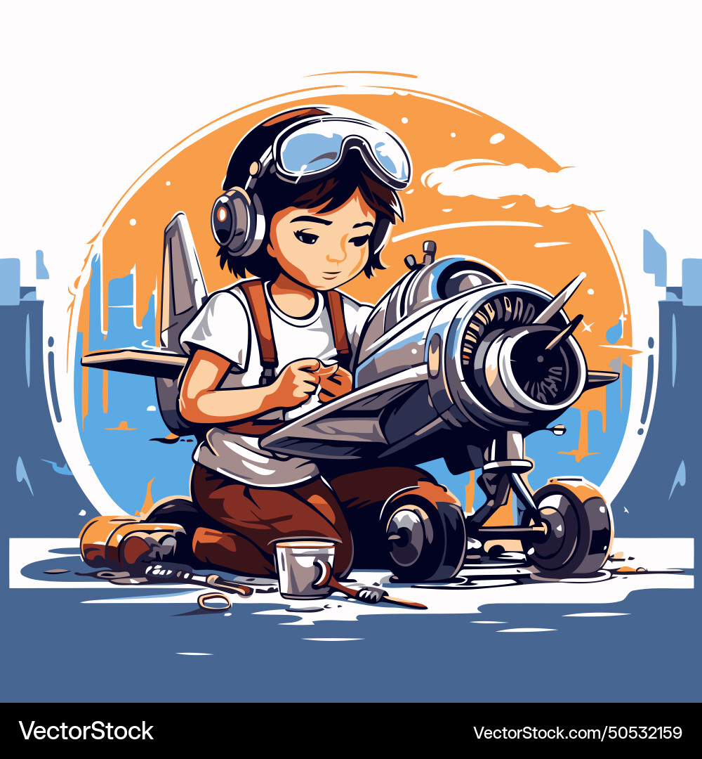 Little boy pilot with airplane on the background Vector Image