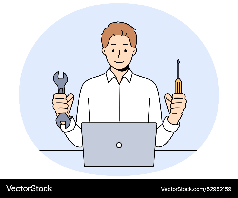 Man repairs laptop after breakdown and holds Vector Image