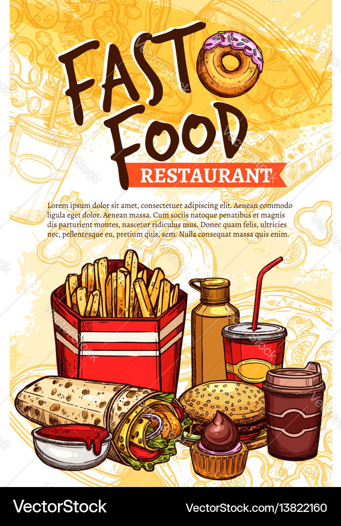 Fast food sketch poster for restaurant Royalty Free Vector