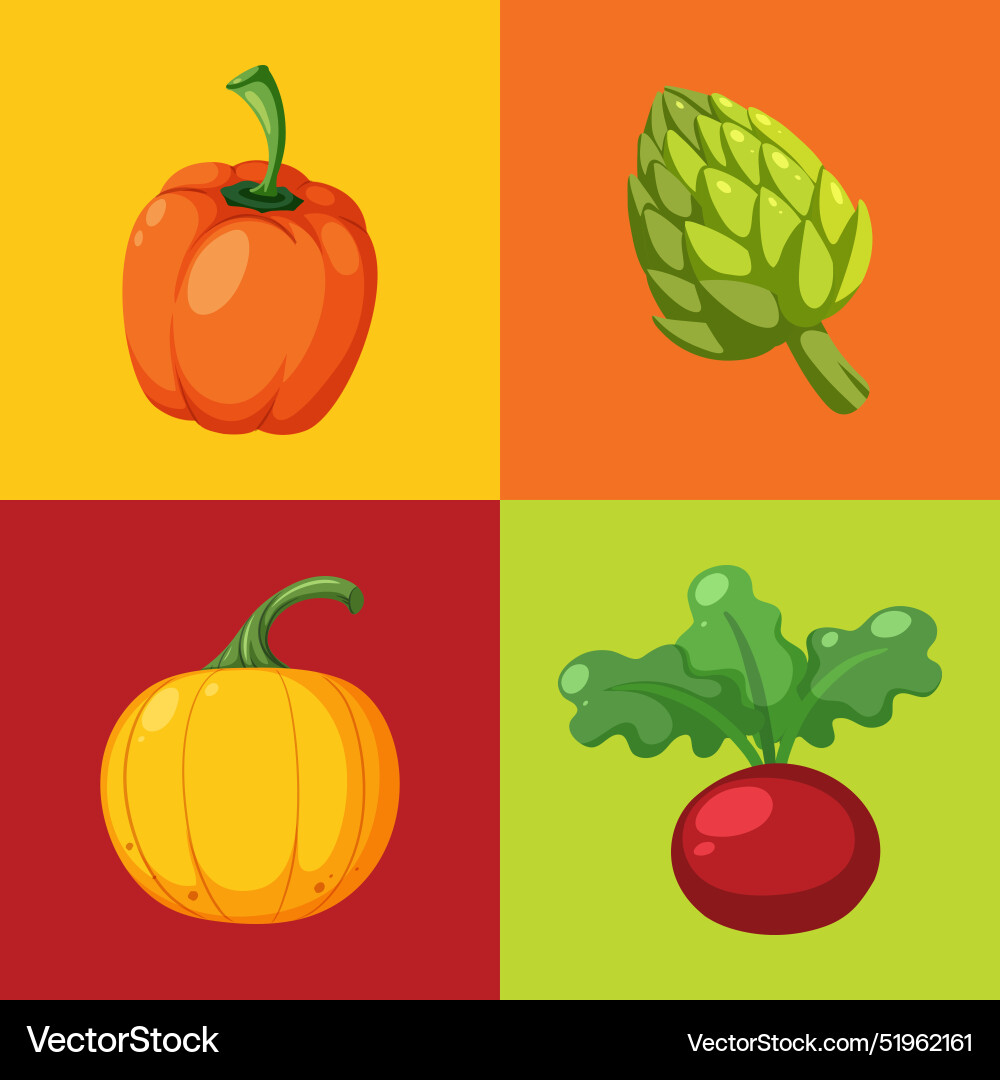 Four vegetables in a vibrant grid layout Vector Image