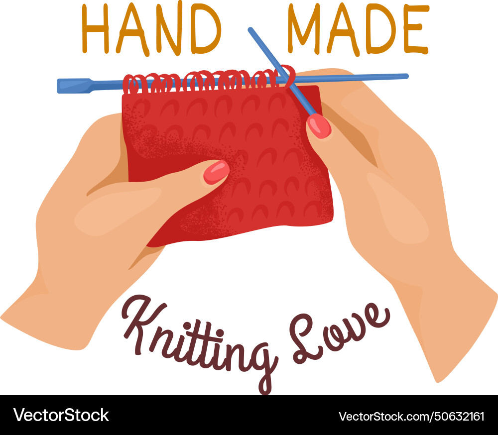 Hands knitting red yarn blue needles crafting Vector Image