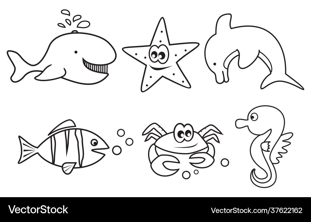 Ocean Animals Coloring Page Set Royalty Free Vector Image