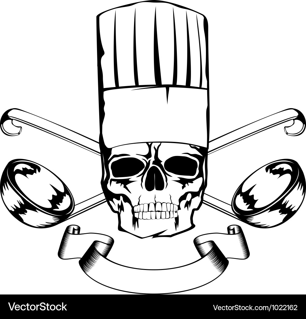 Skull in toque and crossed ladles Royalty Free Vector Image