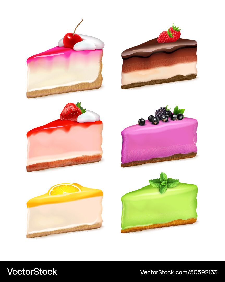 Cheesecake pieces realistic set Royalty Free Vector Image