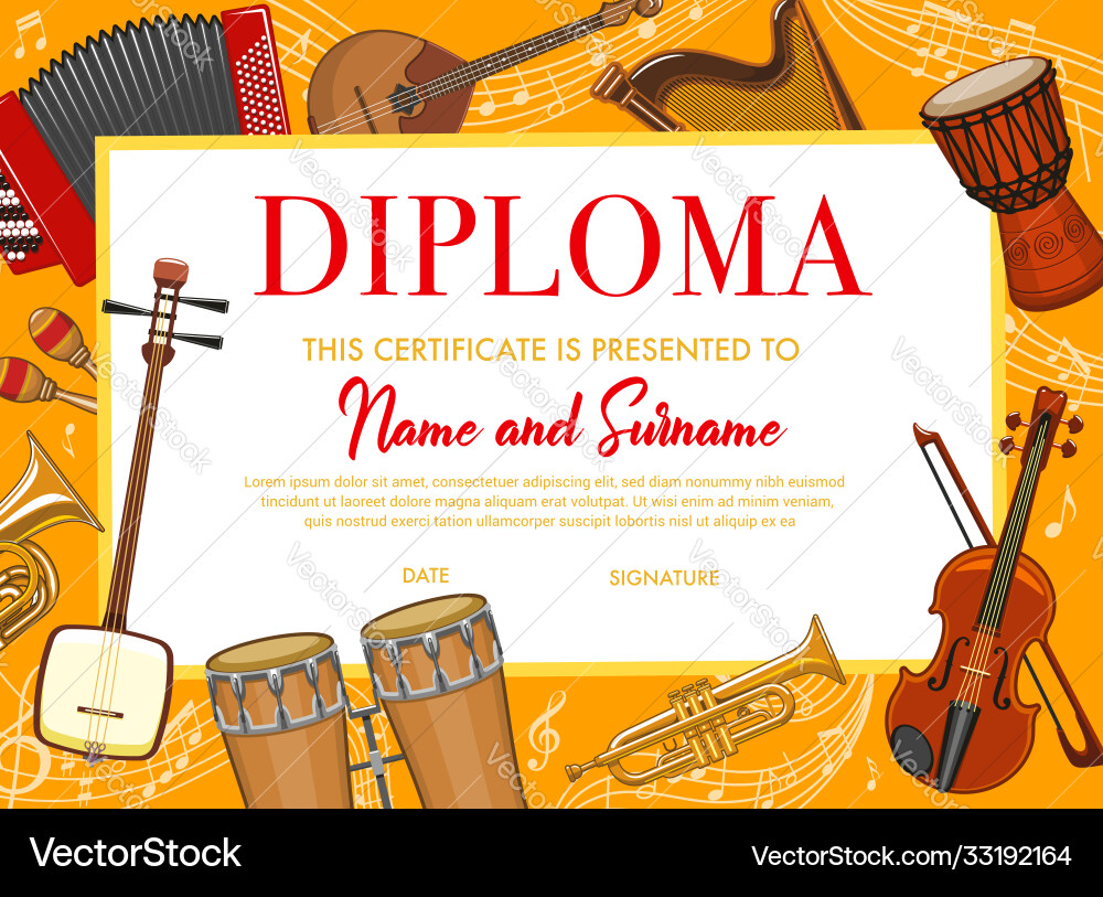 Education kids diploma with musical instruments Vector Image