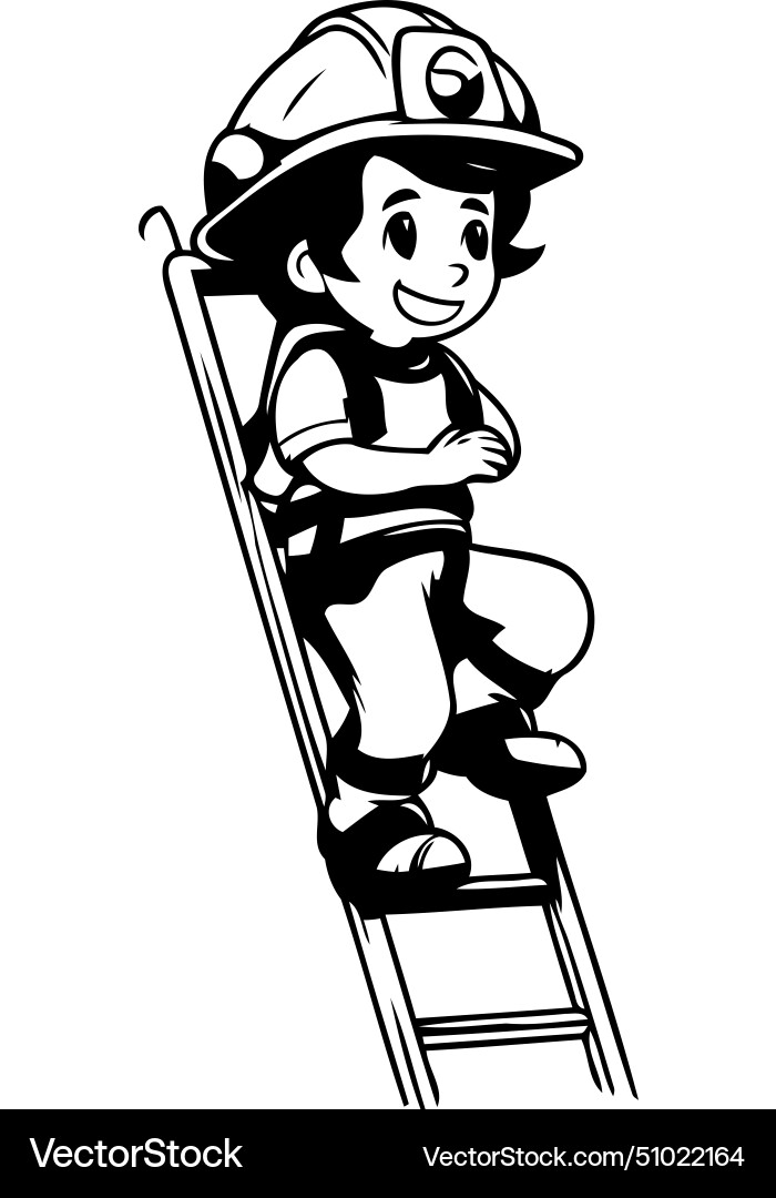 Firefighter on ladder cartoon fireman in uniform Vector Image