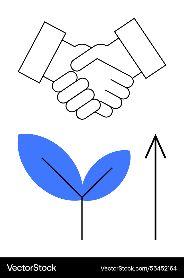 Handshake above blue sprout and arrow Royalty Free Vector