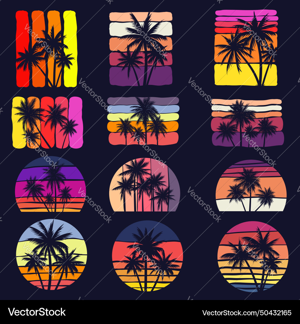 Vintage retro palm tree silhouette set collection Vector Image