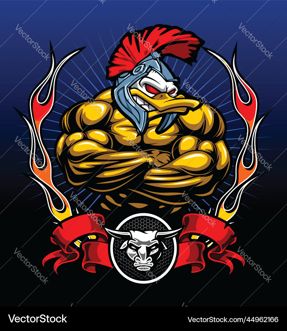 Bodybuilding duck with helmet on black background Vector Image