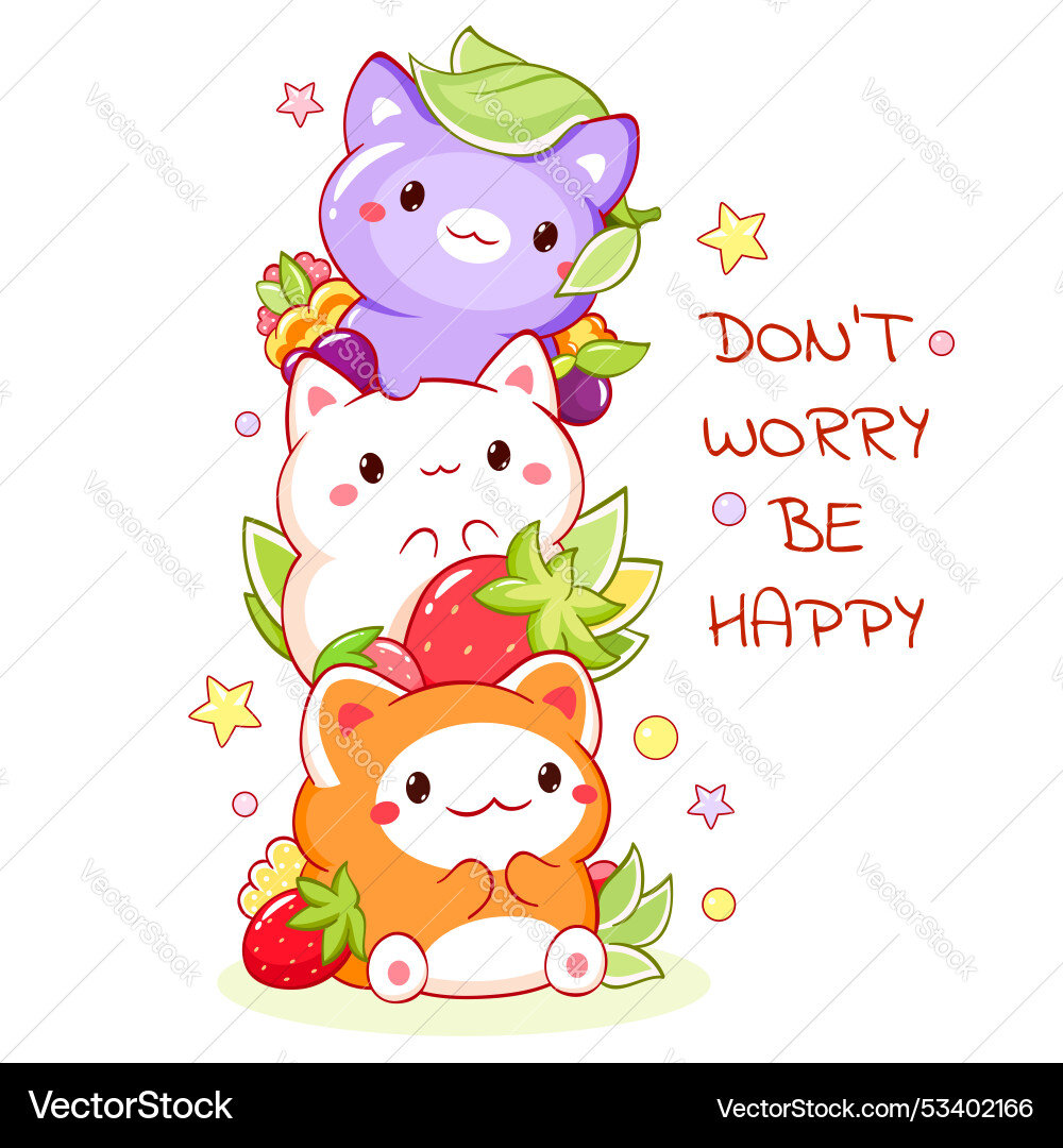 Stack of cute tiny cat with berries kawaii kitty Vector Image
