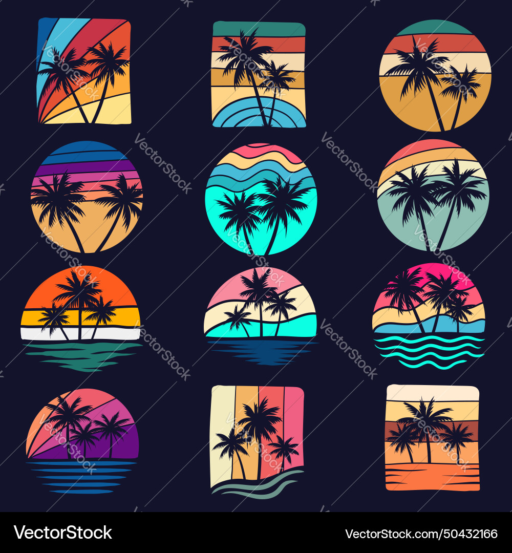 Vintage retro palm tree silhouette set collection Vector Image
