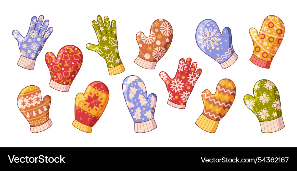 Colorful woolen warm winter mittens and gloves Vector Image