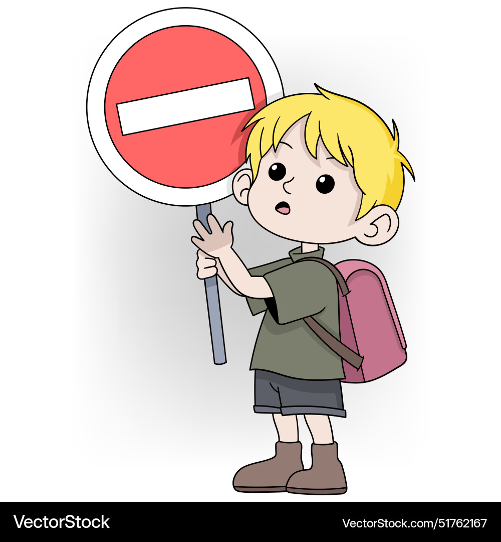 Curious blonde cartoon boy holding no entry sign Vector Image