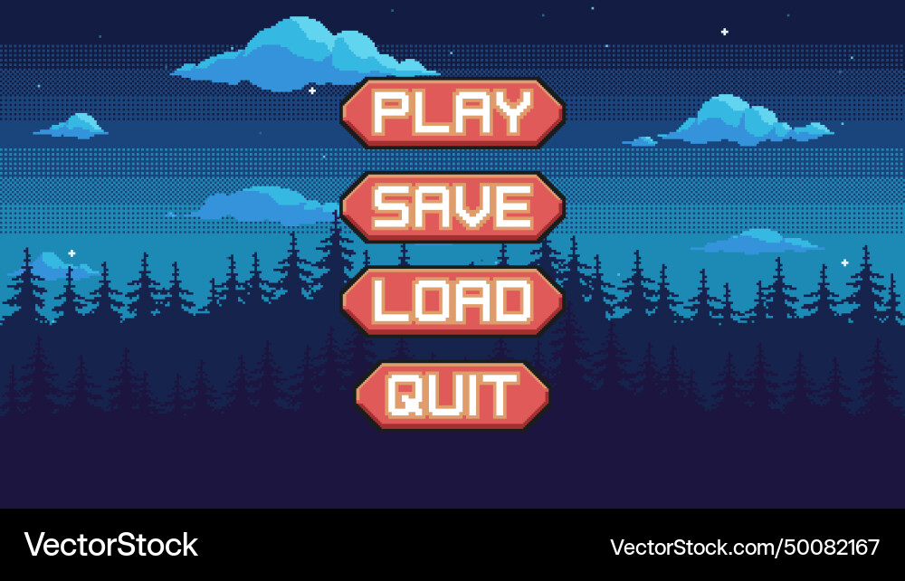 Pixel art game menu with buttons and forest Vector Image