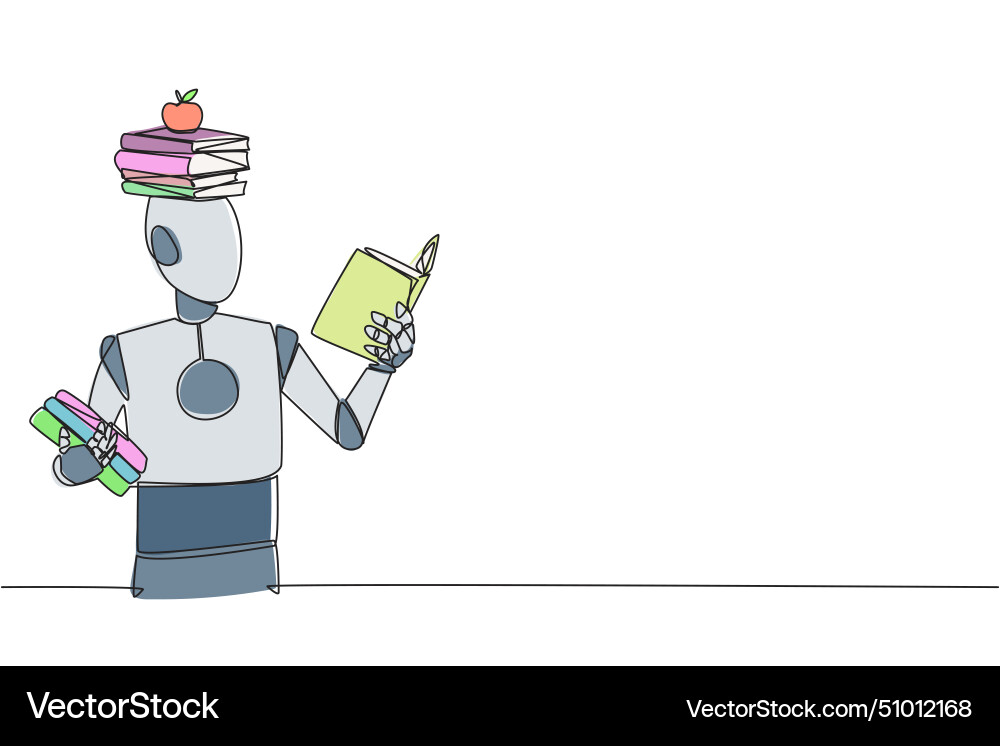 Continuous one line drawing robot reading book Vector Image