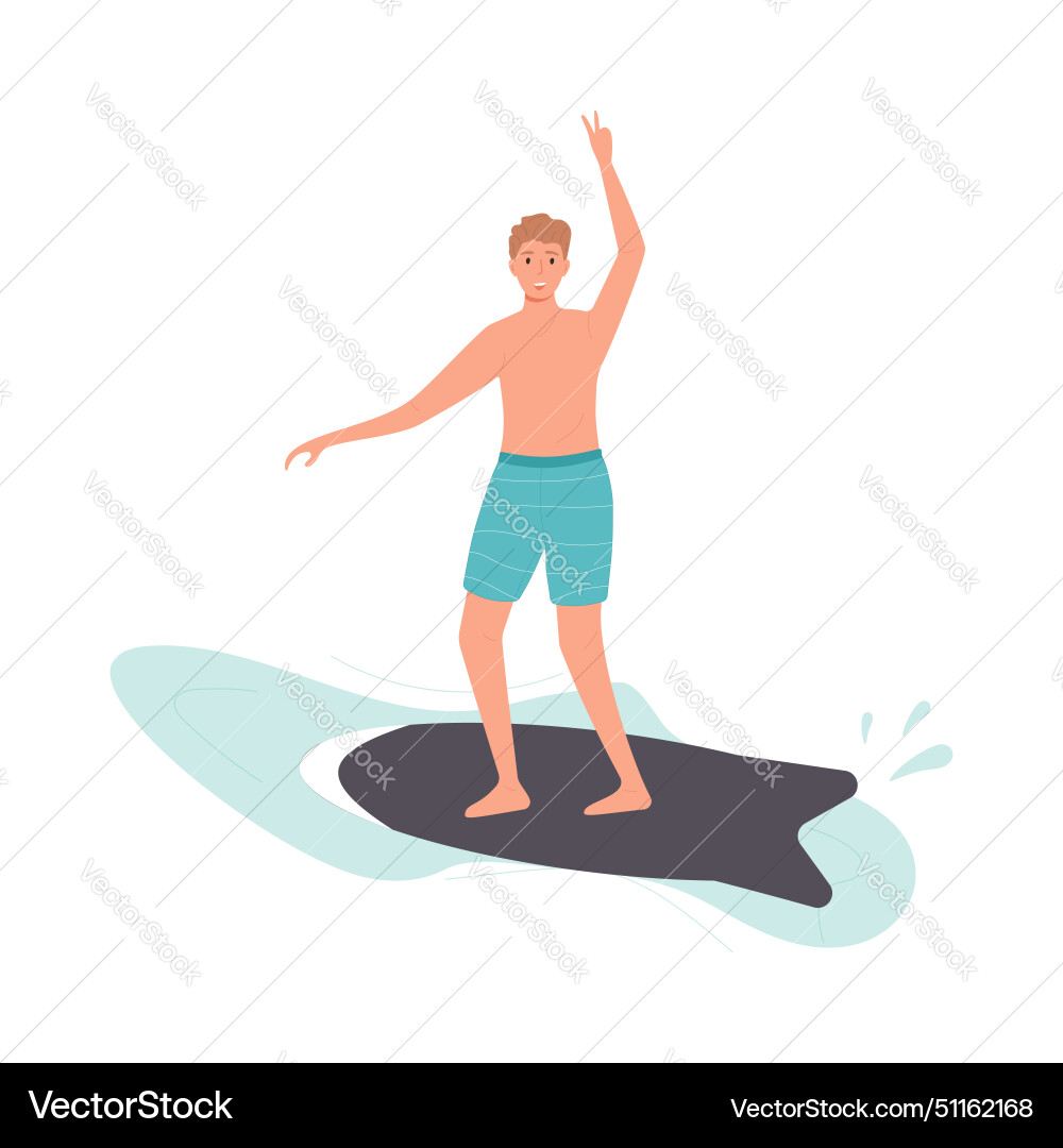 Young man surfing on a small wave in casual attire
