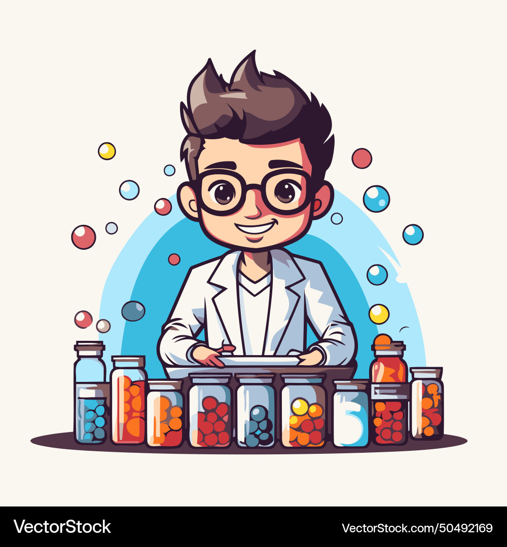 Cartoon scientist holding test tubes Royalty Free Vector