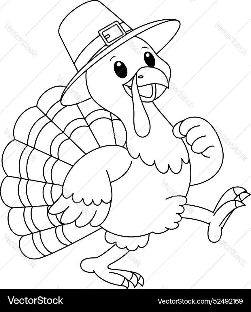 Cute turkey wearing a pilgrim hat outline Vector Image