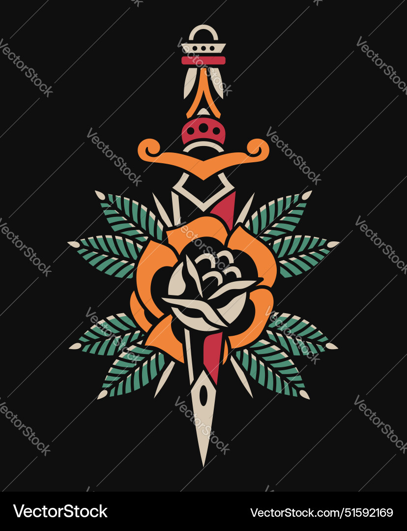 Dagger and rose tattoo style Royalty Free Vector Image