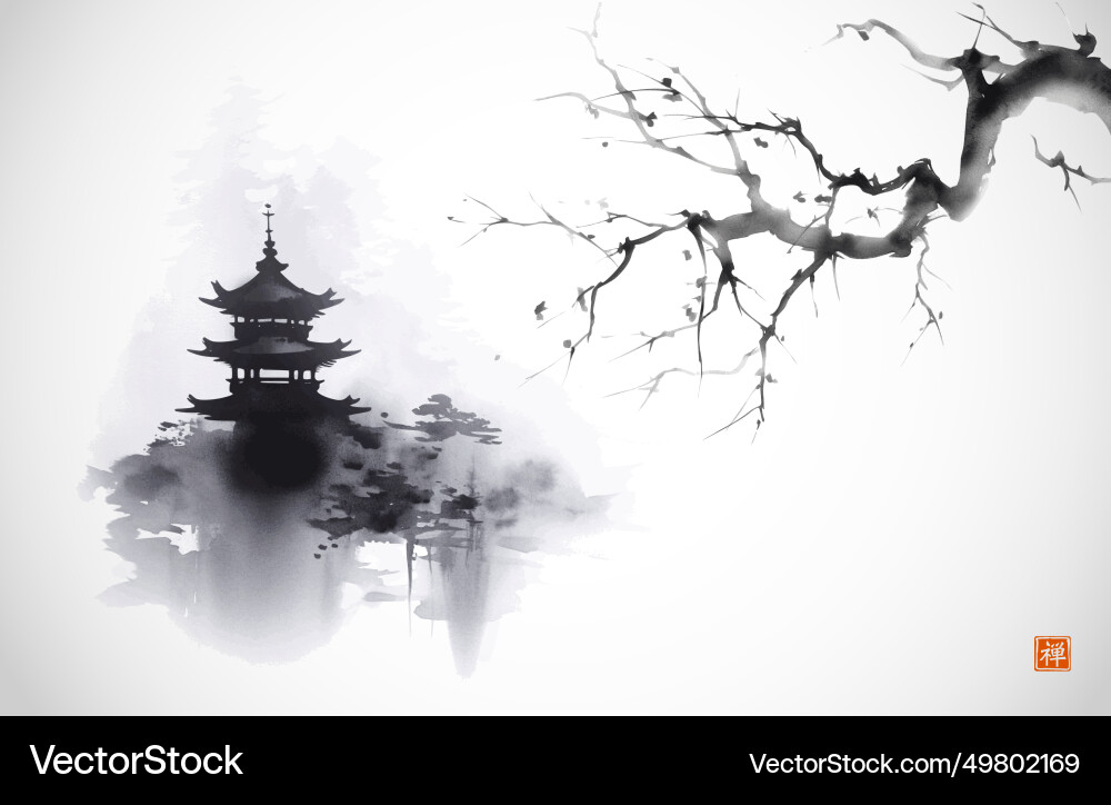 Landscape with pagoda temple and tree branch Vector Image