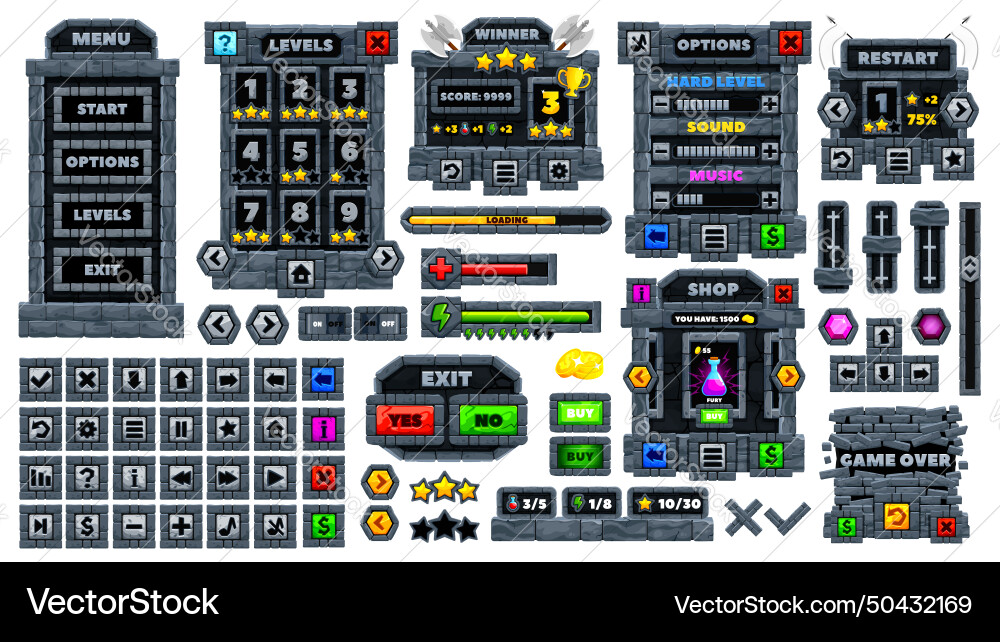 Medieval stone game interface and ui buttons Vector Image