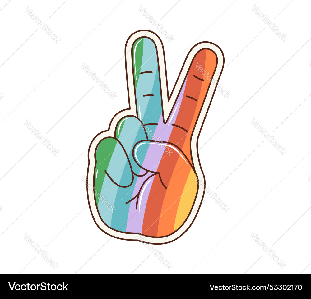 Cartoon retro groovy rainbow victory hand sign Vector Image