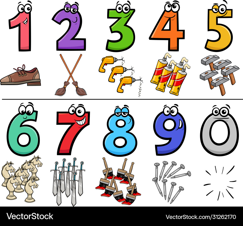 Educational cartoon numbers set with objects Vector Image