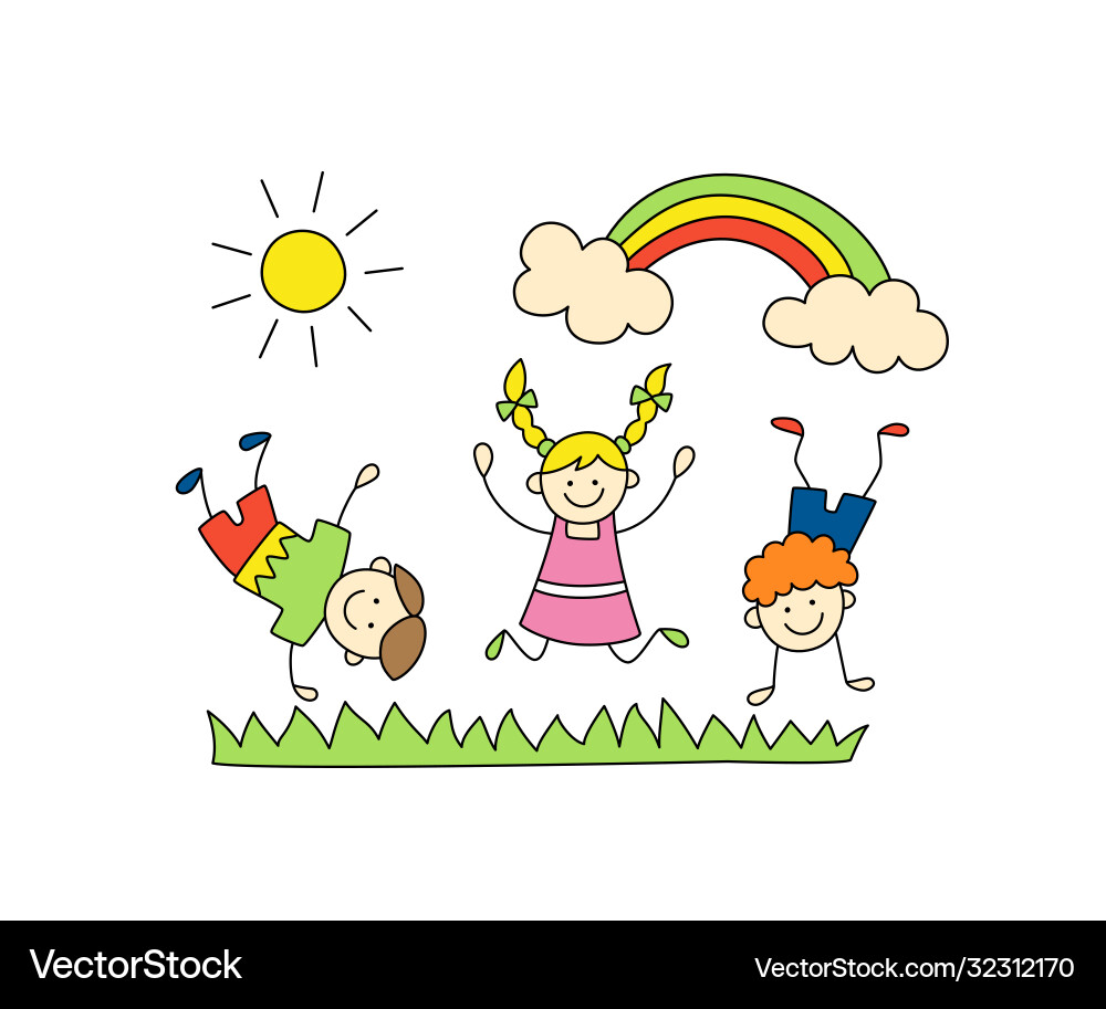 Fun children play outdoors cute doodle kids sun Vector Image