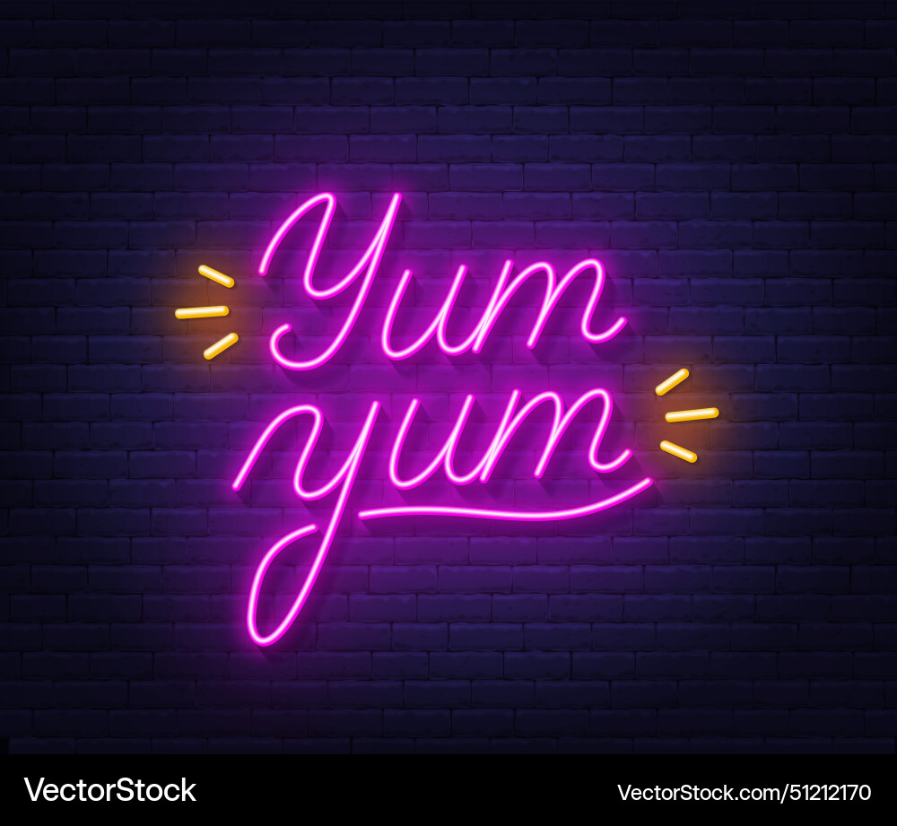 Yum neon sign on brick wall background Royalty Free Vector