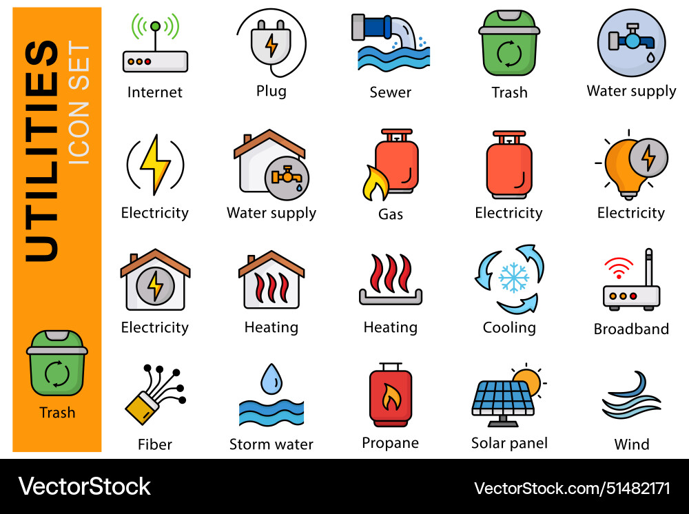 Utilities icon set electricity water supply Vector Image