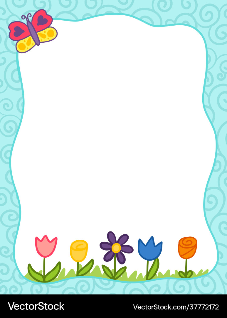 Background border cartoon flowers and butterfly Vector Image