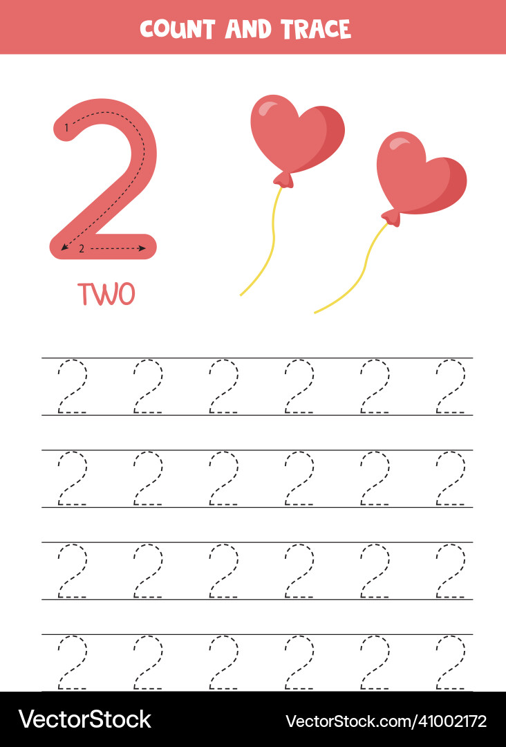 Tracing number two preschool worksheet with cute Vector Image