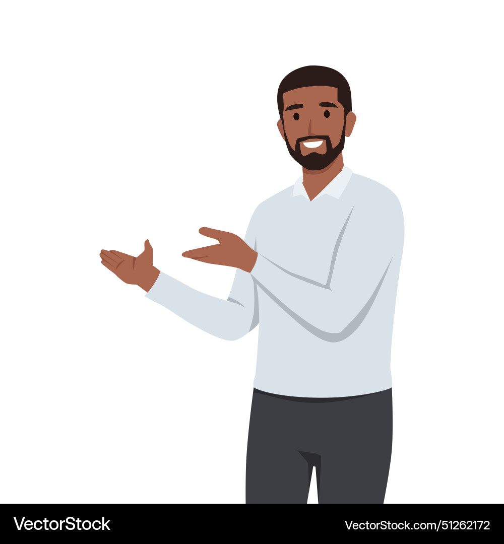 Young man pointing away hands together Royalty Free Vector