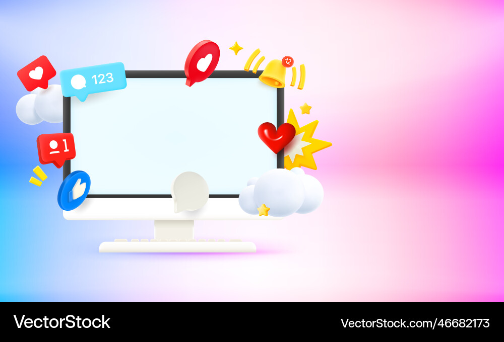 Computer monitor with video social media elements Vector Image
