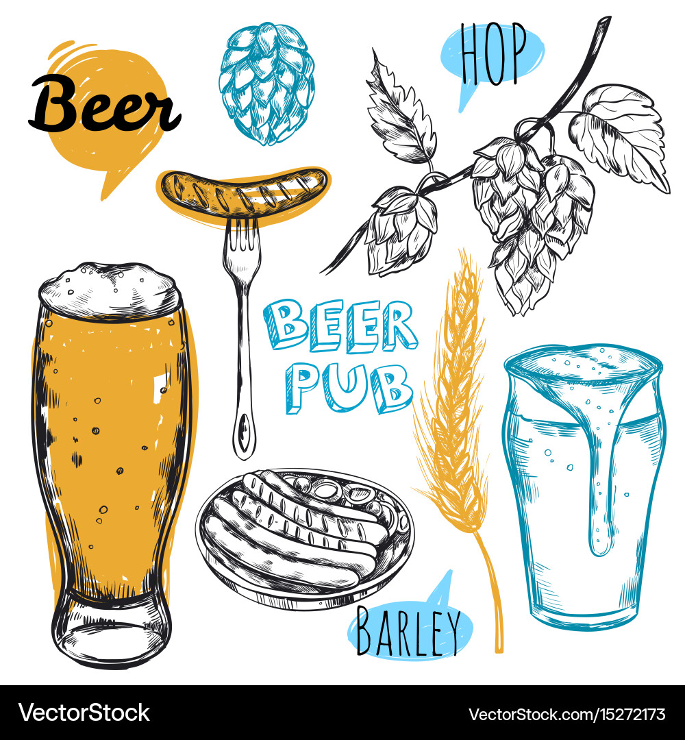 Sketch beer pub icon set Royalty Free Vector Image
