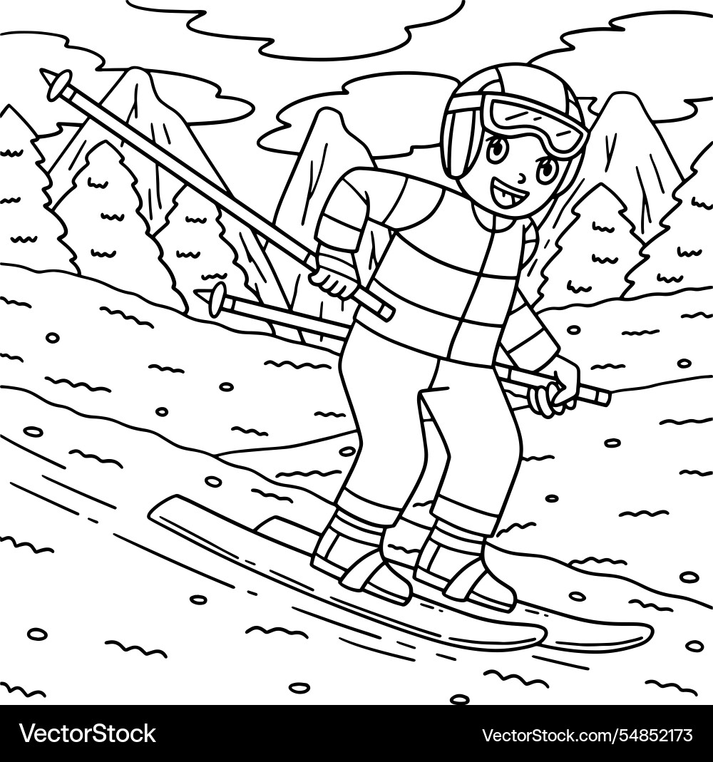 Skiing boy gliding with skiboard coloring page Vector Image