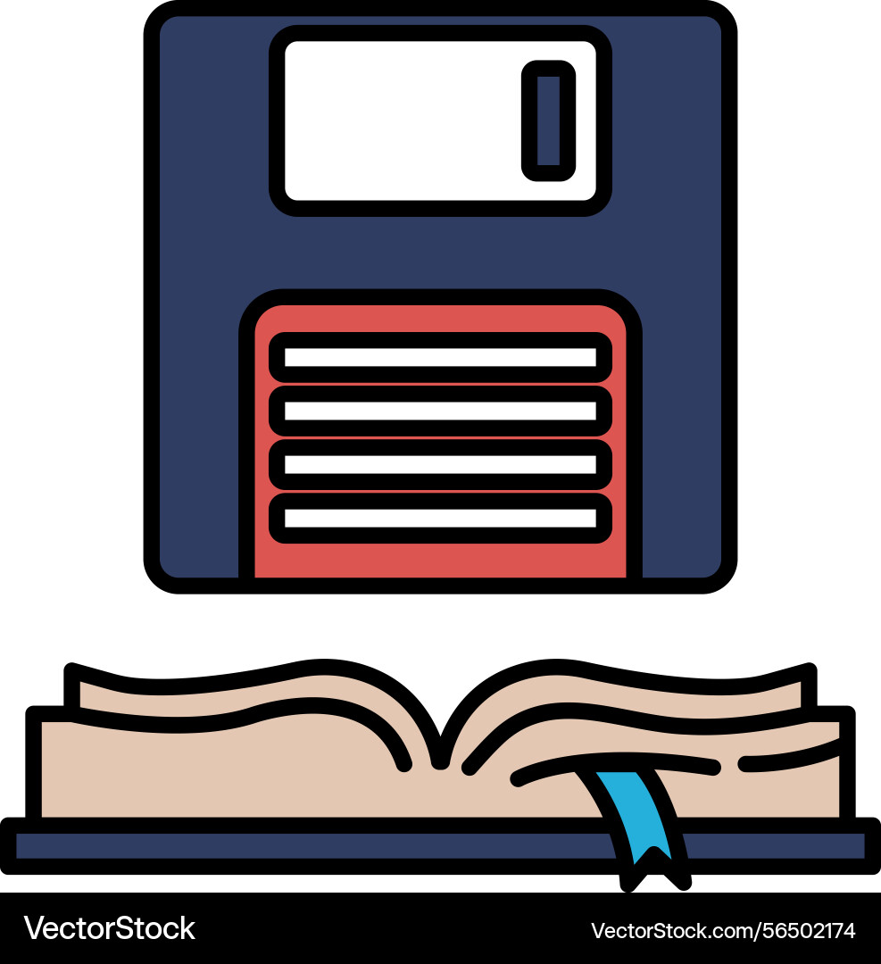 A floppy disc is shown with a book open on top of Vector Image