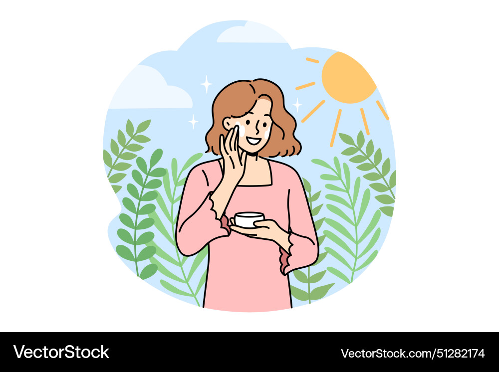 Woman uses sunscreen to protect face from sunburn Vector Image