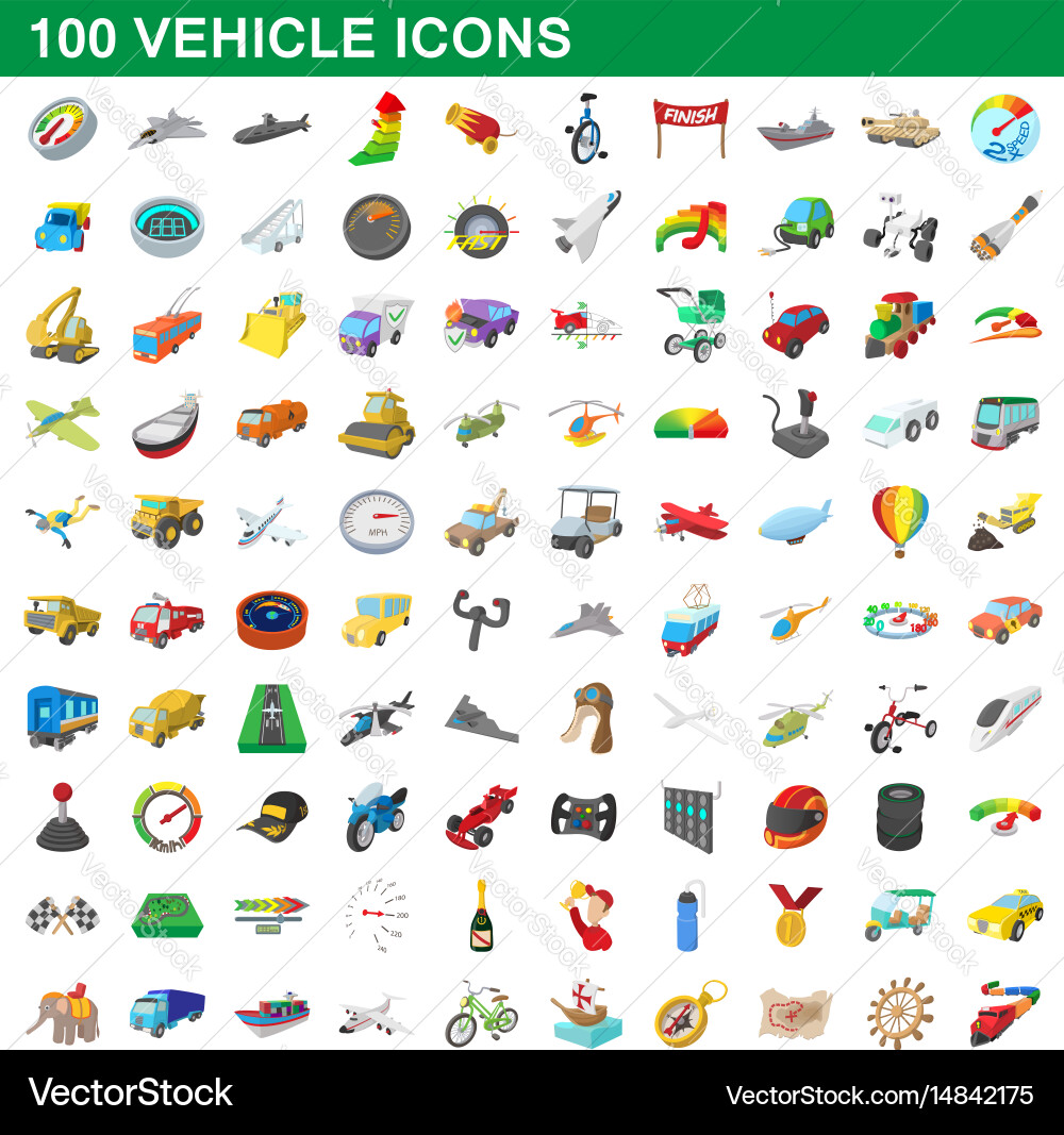 100 vehicle icons set cartoon style Royalty Free Vector