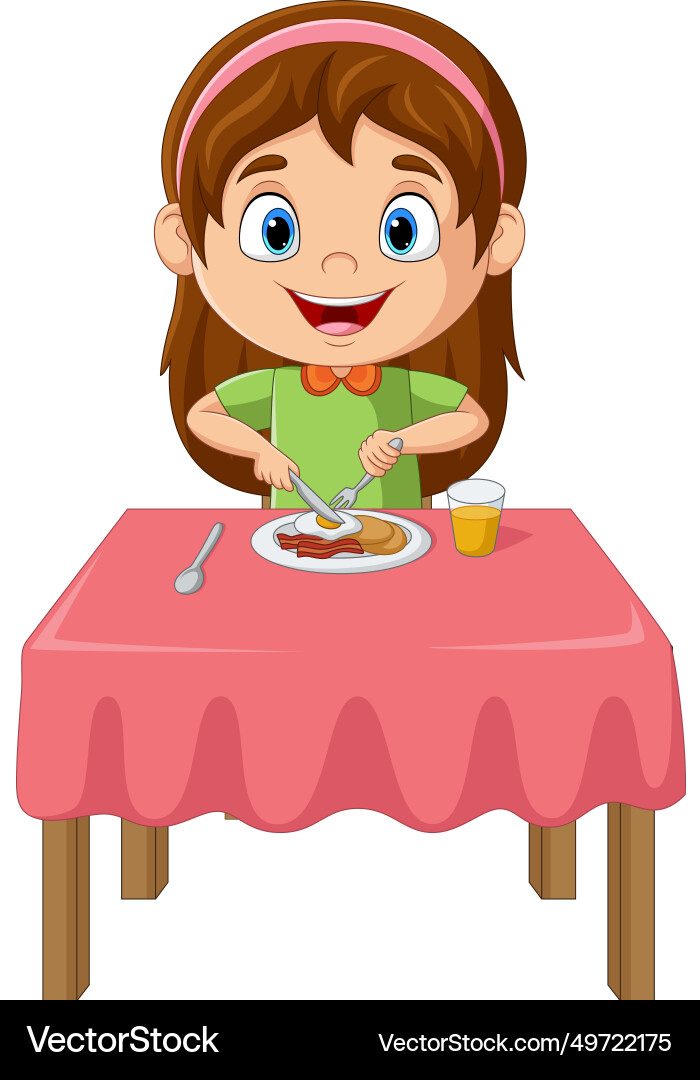 Cartoon little girl eating breakfast Royalty Free Vector