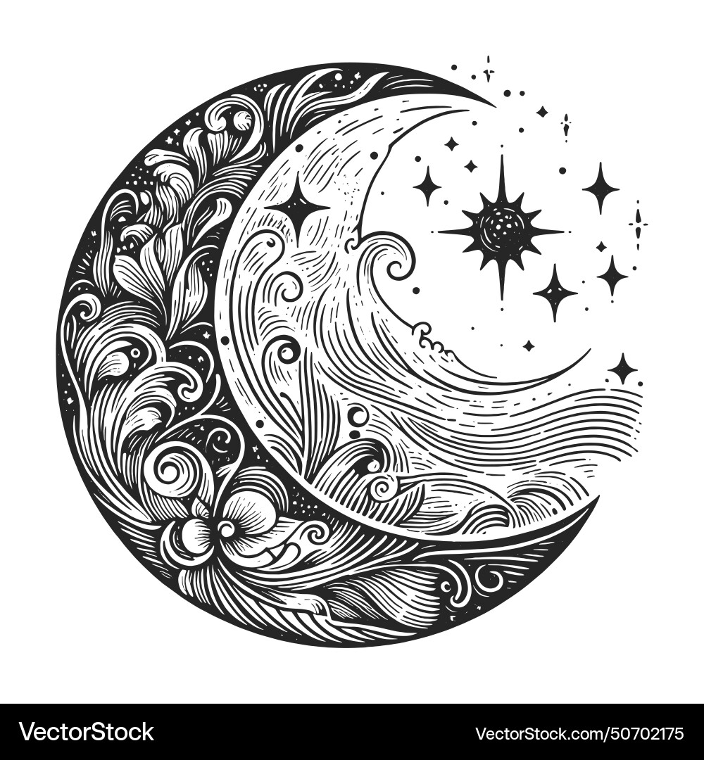 Celestial moon and sun engraving Royalty Free Vector Image